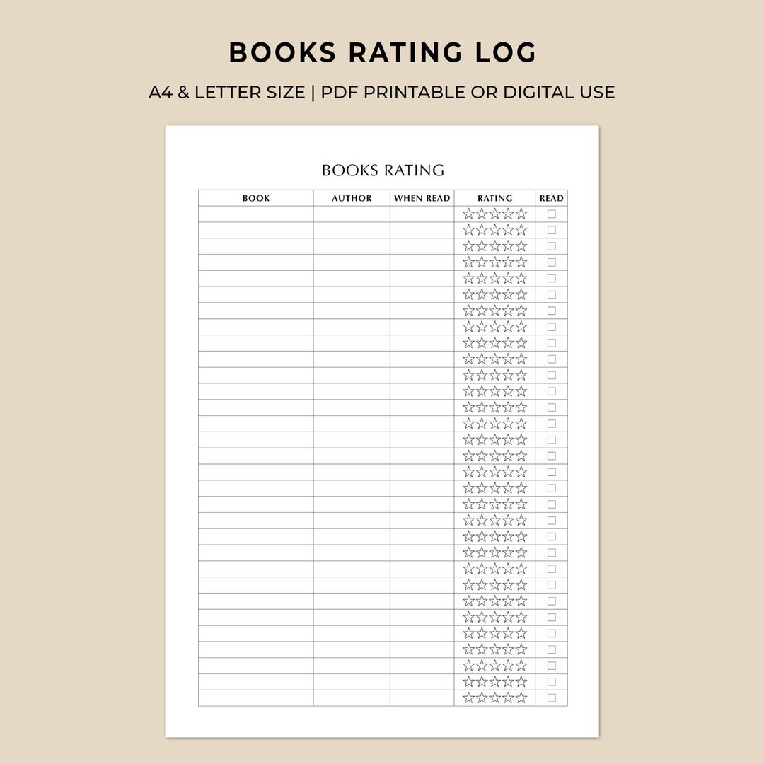 Books Rating Log Printable, Book Review Tracker, Reading Log With Star ...