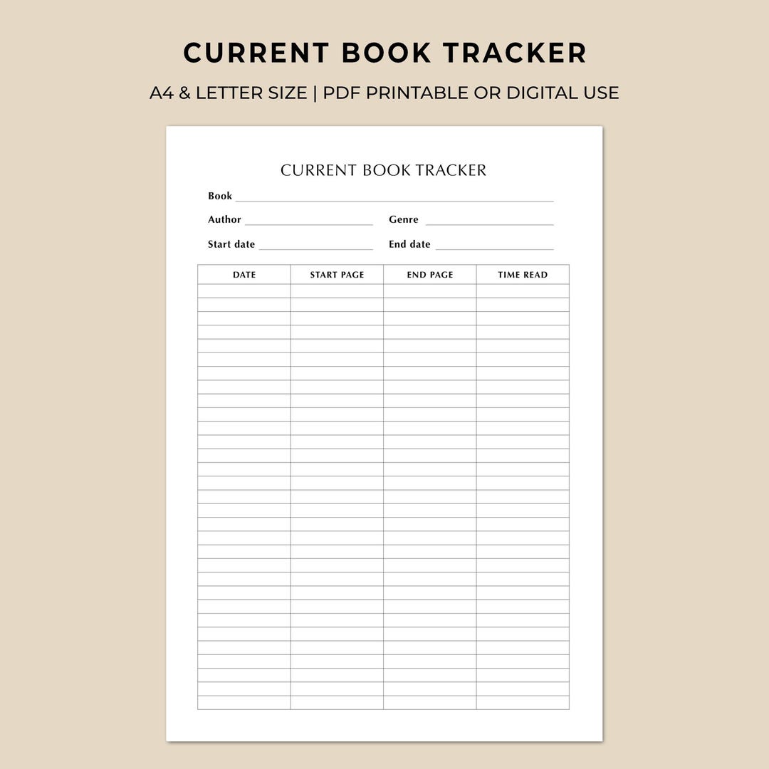 Current Book Tracker Printable | Reading Progress Log for One Book ...