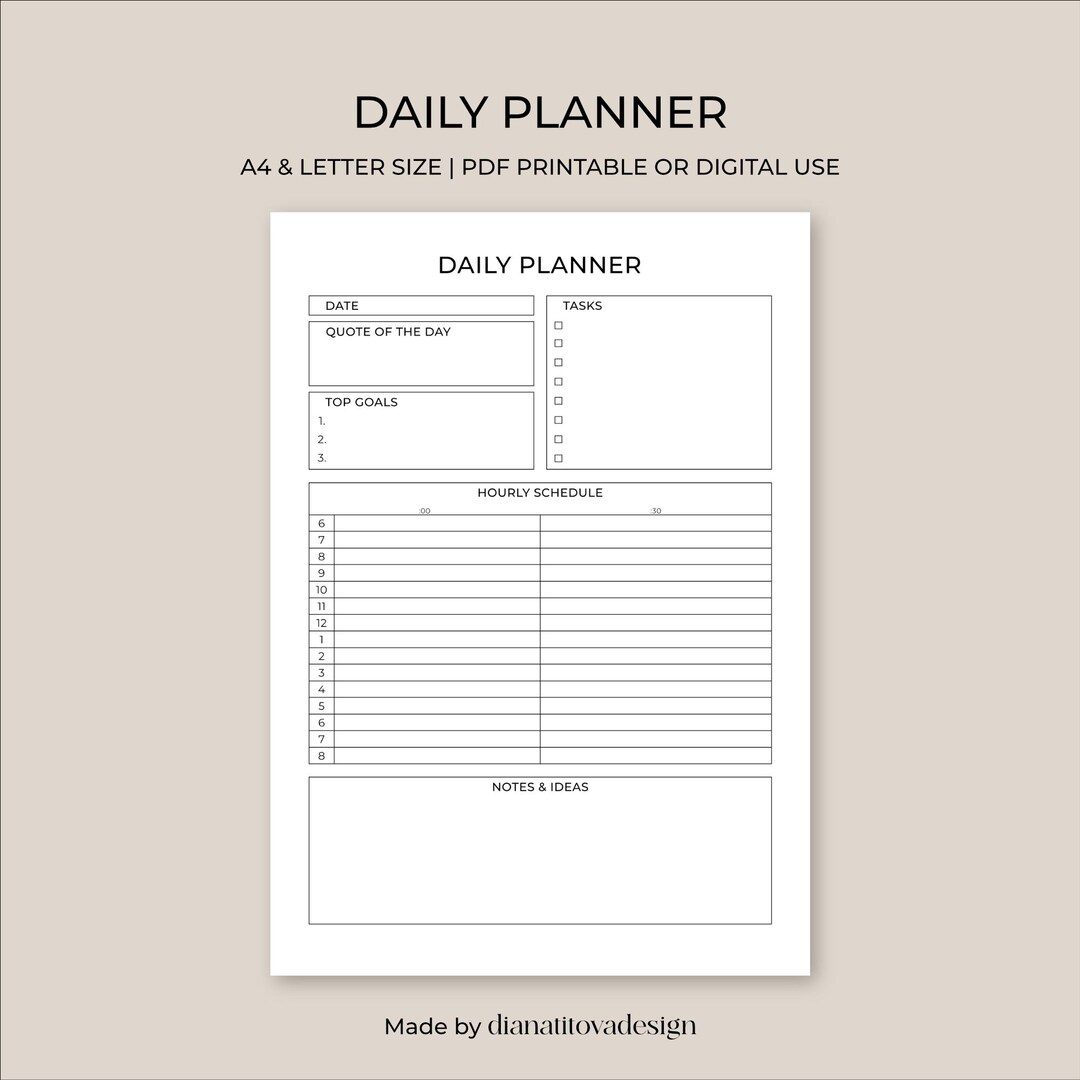 Motivational Daily Planner Printable: Minimalist Time-blocking Page ...
