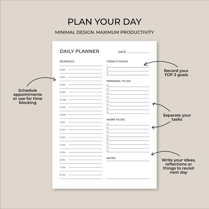 Minimalist Daily Planner Printable: Hourly Schedule for Time Blocking ...