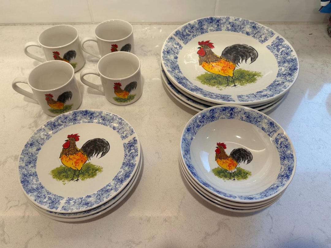 Vintage Country Barn Rooster by Tabletops Unlimited Set of 4 Dinnerware ...
