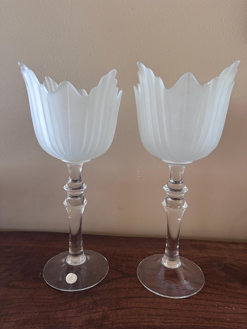 Vintage Romanian Crystal Candle Holders, Frosted Tulip Pedestal Set - Etsy