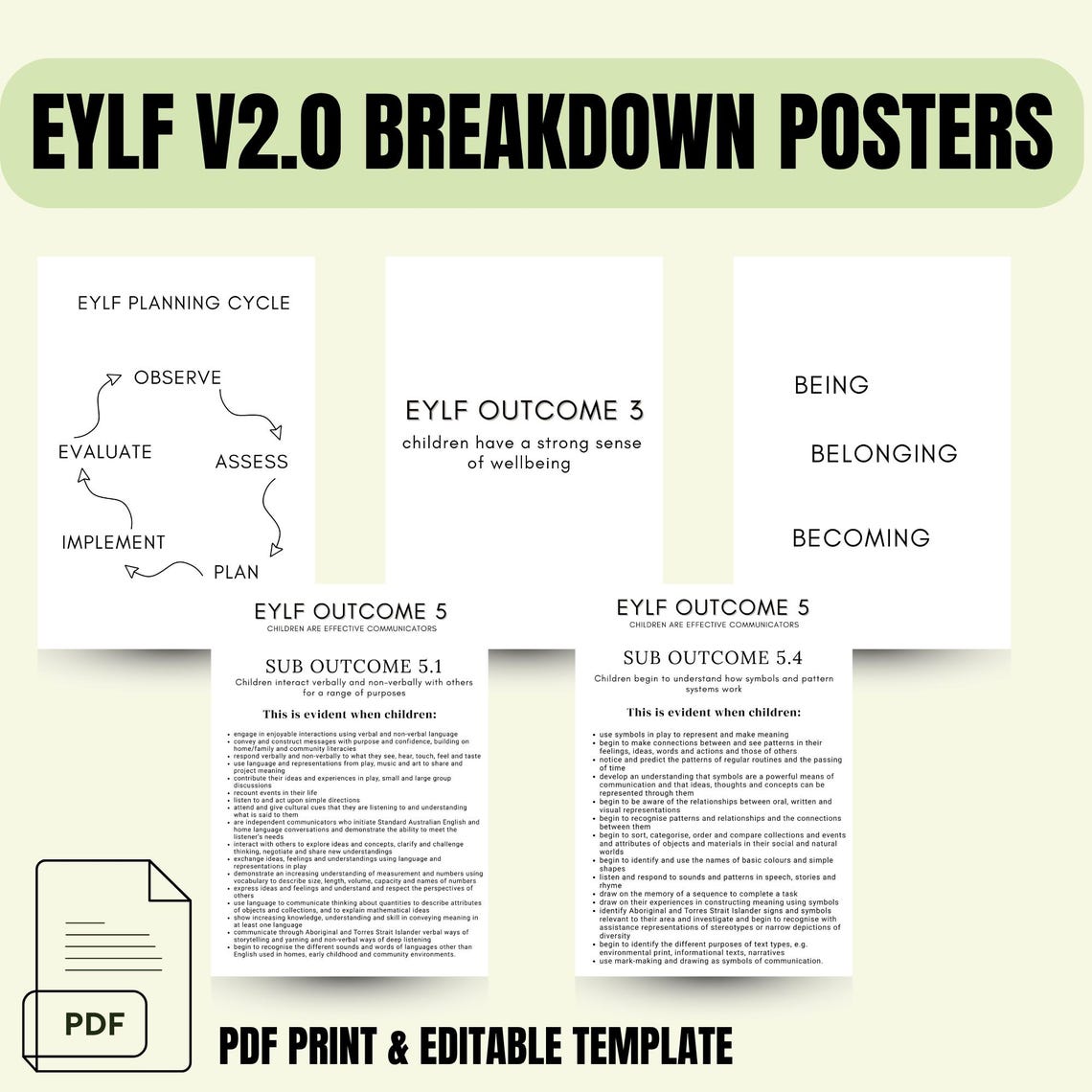 EYLF Outcome Posters B&w | Early Years Learning Framework Planning ...