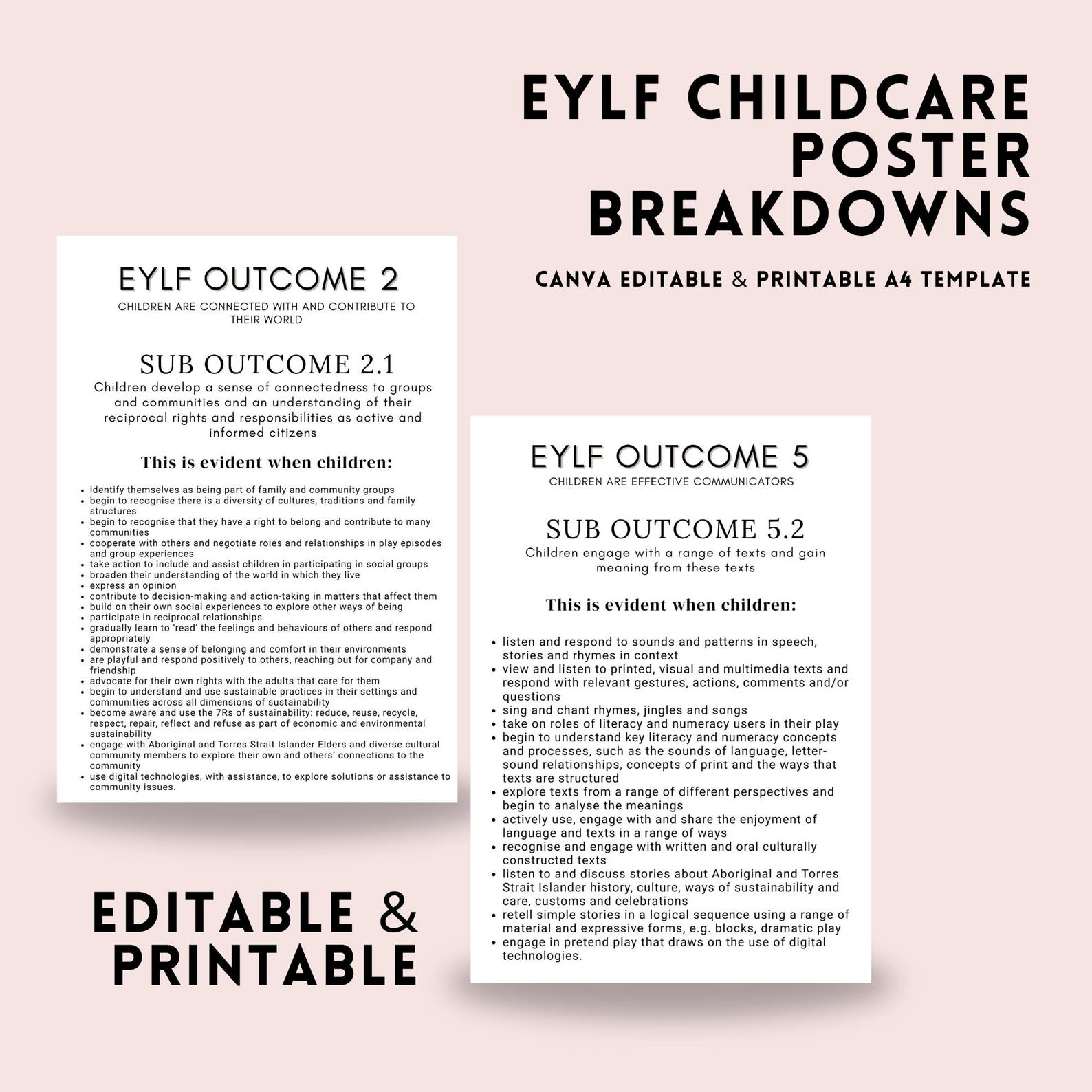 EYLF Outcome Posters B&w | Early Years Learning Framework Planning ...