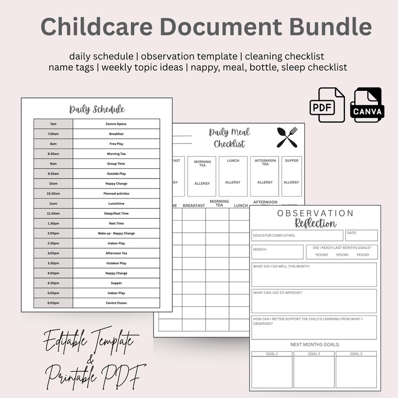 Editable Childcare Forms Bundle | Daily Schedule, Observation (canva ...