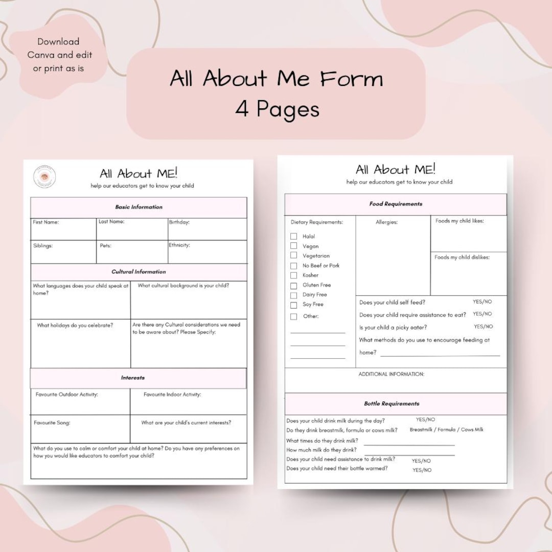 All About Me Childcare Form, Childcare / Preschool Introduction Forms ...