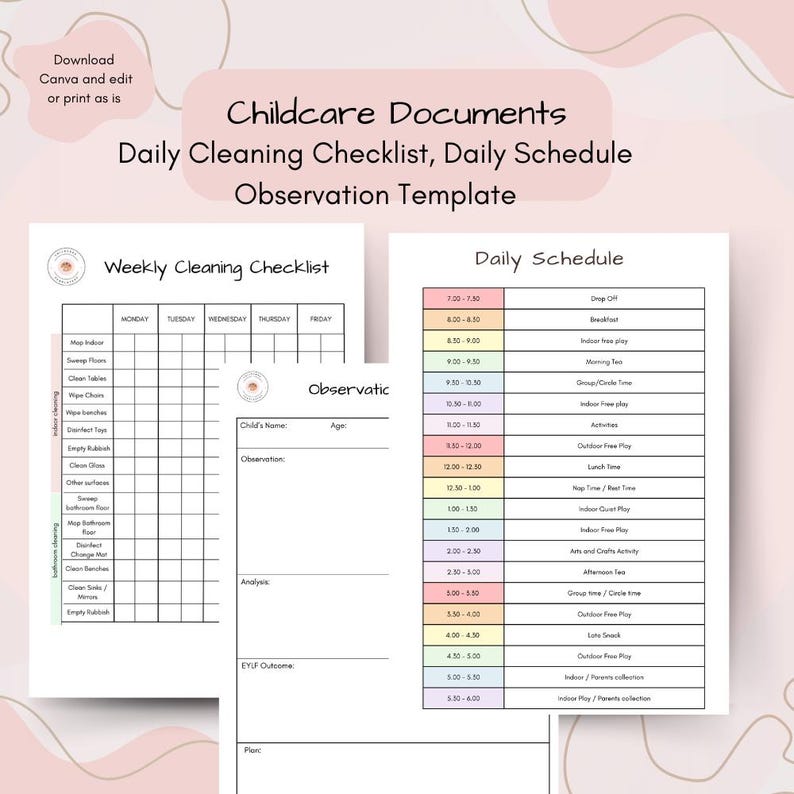 Childcare Cleaning Checklist, Daily Schedule Template, Printable ...