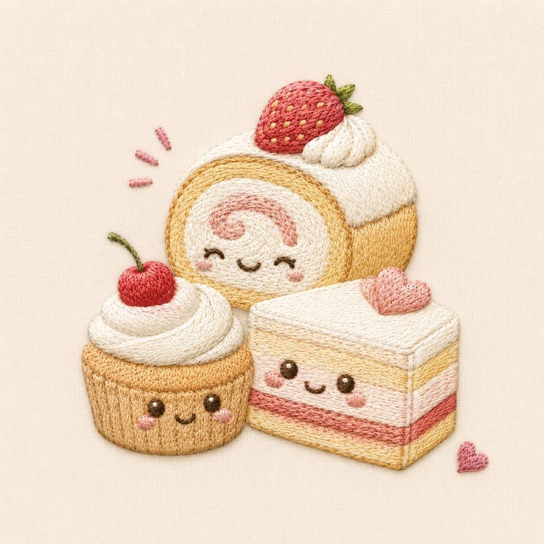 Kawaii Dessert Embroidery Design, Cute Cake and Cupcake Embroidery File ...
