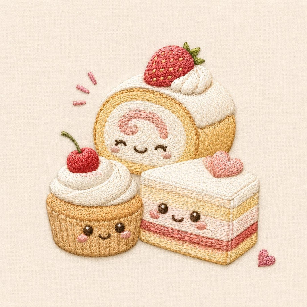 Kawaii Dessert Embroidery Design, Cute Cake and Cupcake Embroidery File ...