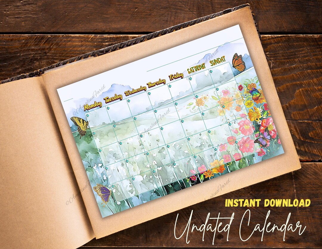 Instant Download Undated Calendar, Printable, Monthly Planner, PNG ...