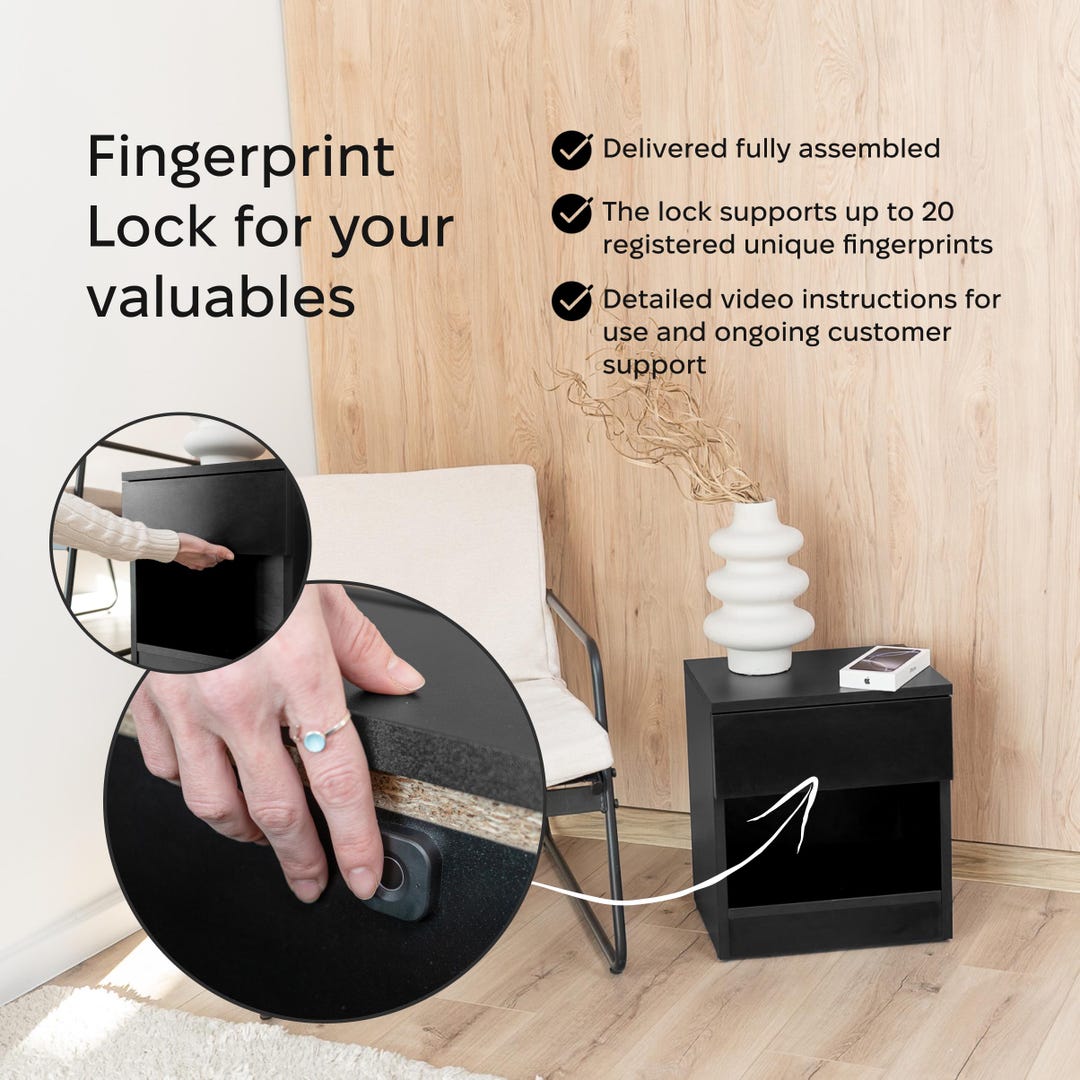 Lockable Bedside Table With Fingerprint Drawer, Secure Nightstand for ...