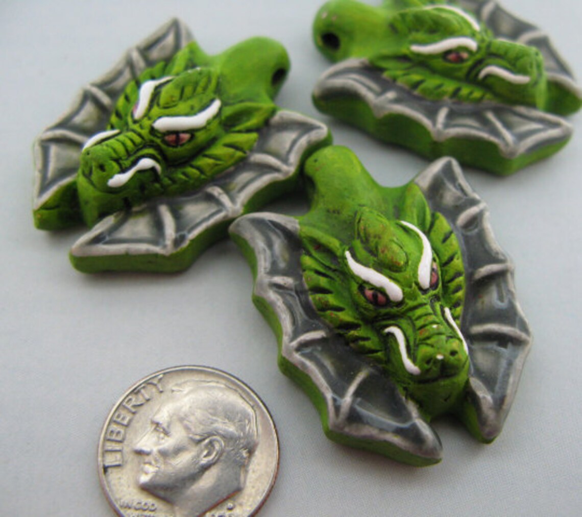 4 Large Green Dragon Head Beads Ceramic Beads Peruvian | Etsy