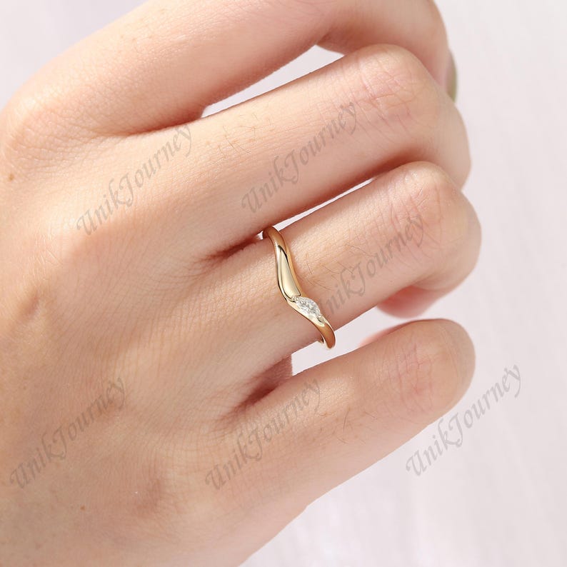 Minimalist Moissanite Curved Wedding Band Solid Gold Stacking Matching ...