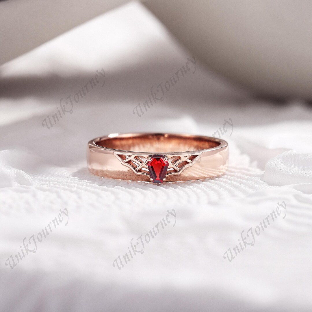 Unique Bat Engraving Ruby Men's Wedding Band Gothic Gold Wedding Ring ...