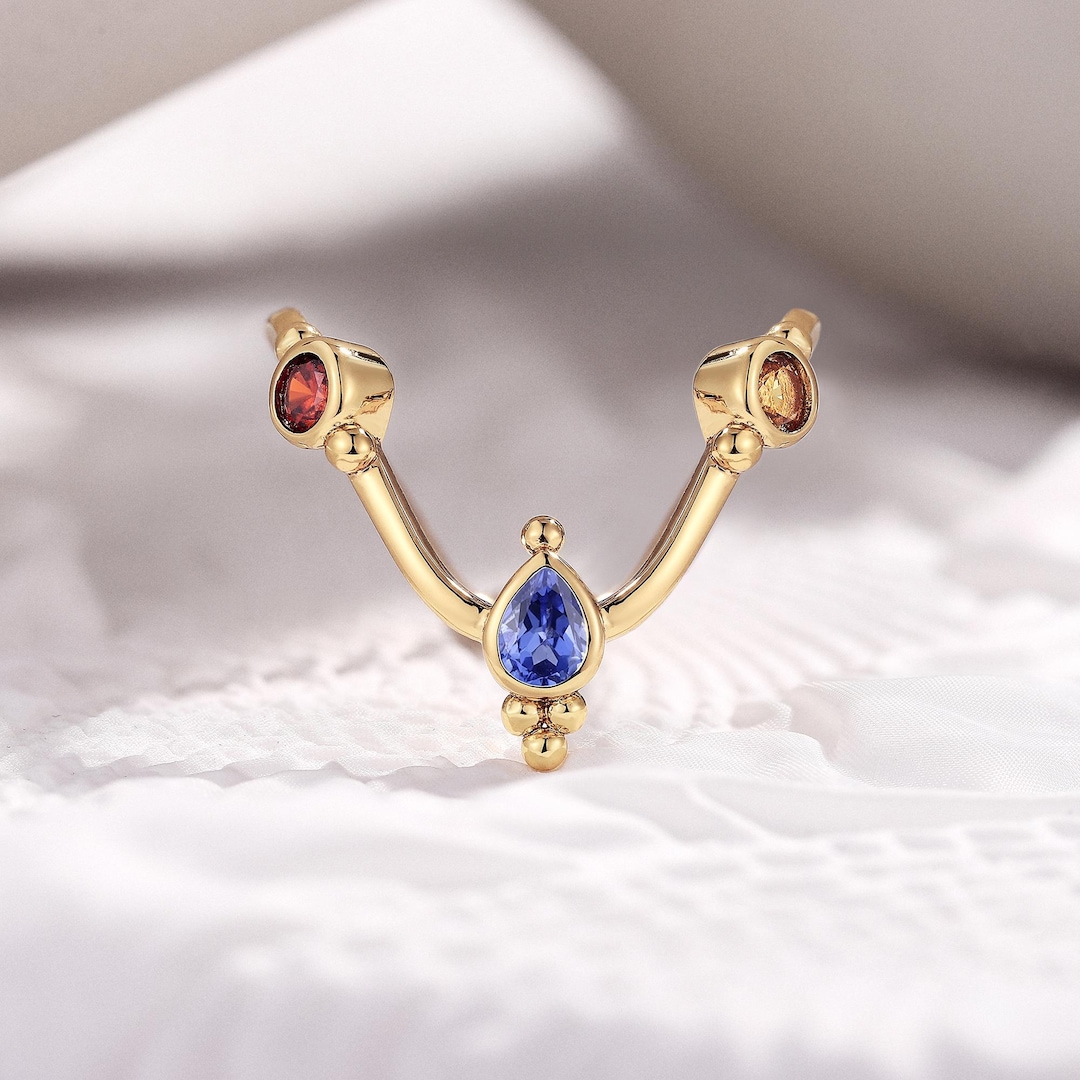 Art Deco Deep Curved Wedding Band Sapphire Wavy Ring Solid Gold Custom ...