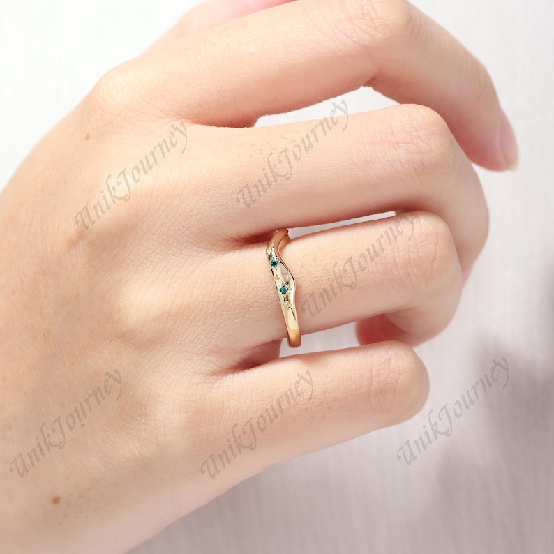 Organic Emerald Curved Wedding Band Solid Gold Stacking Matching ...