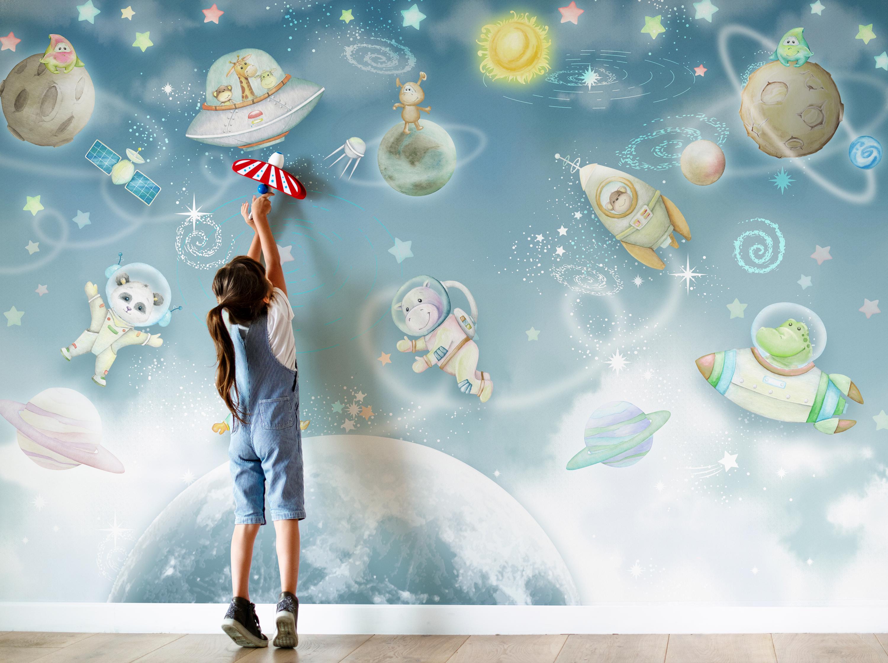 Peel and Stick Space Wallpaper Kids | Blue Watercolor Galaxy Cartoon ...