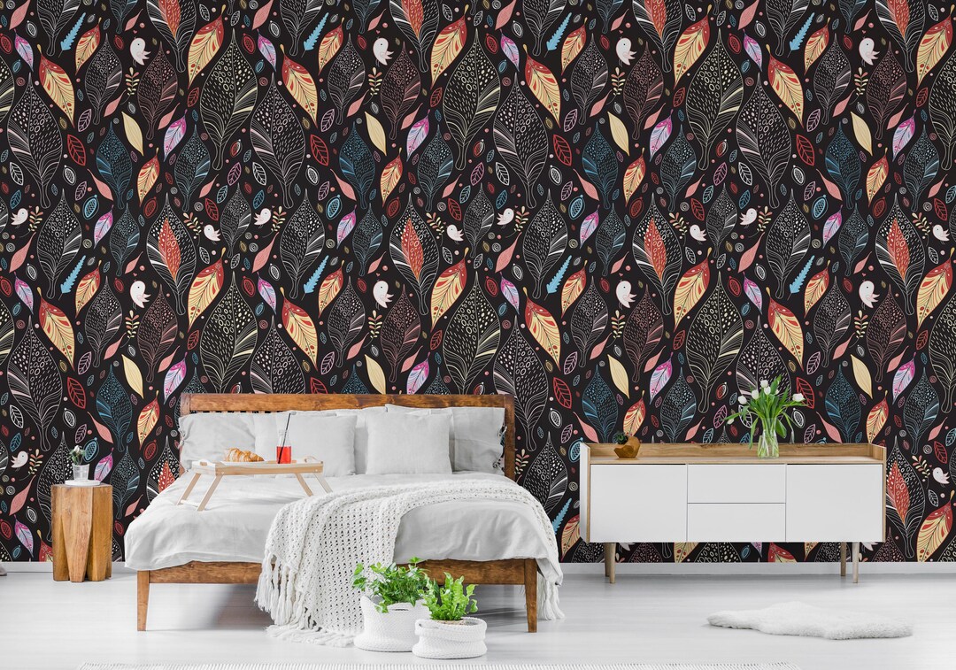 Botanical Leaf Songbird Wallpaper | Peel and Stick Wall Mural - Etsy