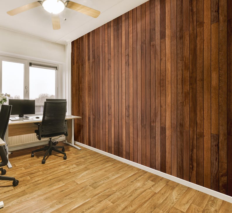 Wood Striped Wallpaper | Rustic Brown Strip Wood Paneling | Farmhouse ...