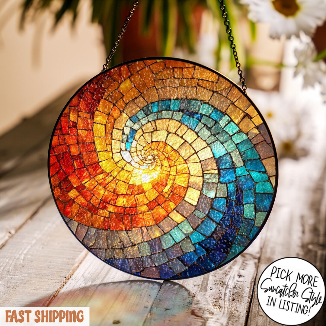 Rainbow Spiral Glass Suncatcher, Mosaic Style Glass Art, Colorful ...
