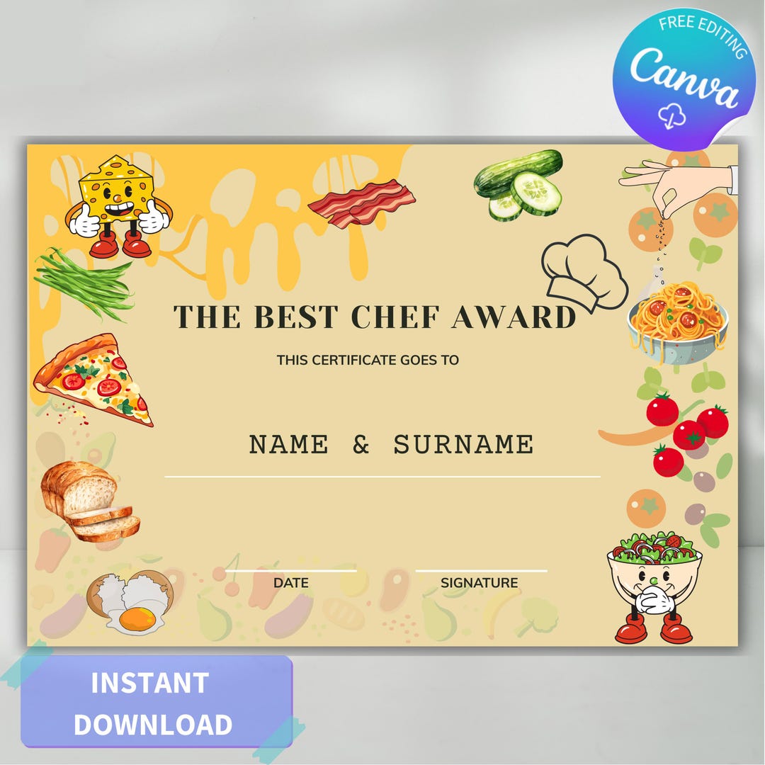 Personalised Best Chef Award, Culinary Award! Custom Kids' Certificates ...