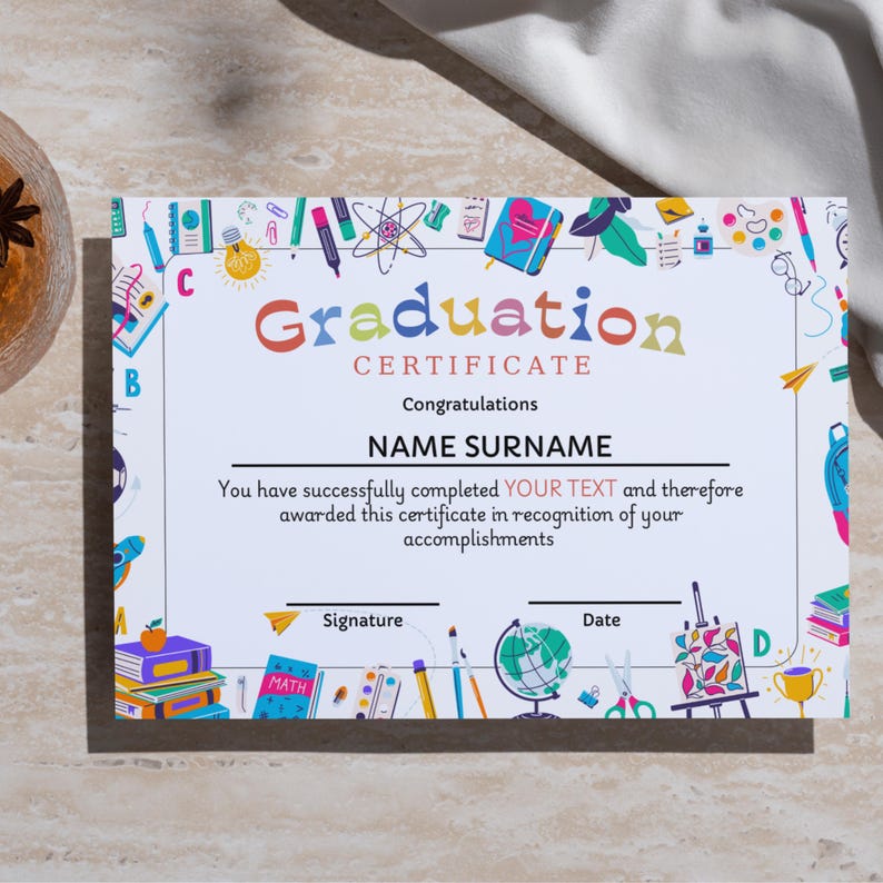 Editable Graduation Certificate, Customisable School Graduation ...