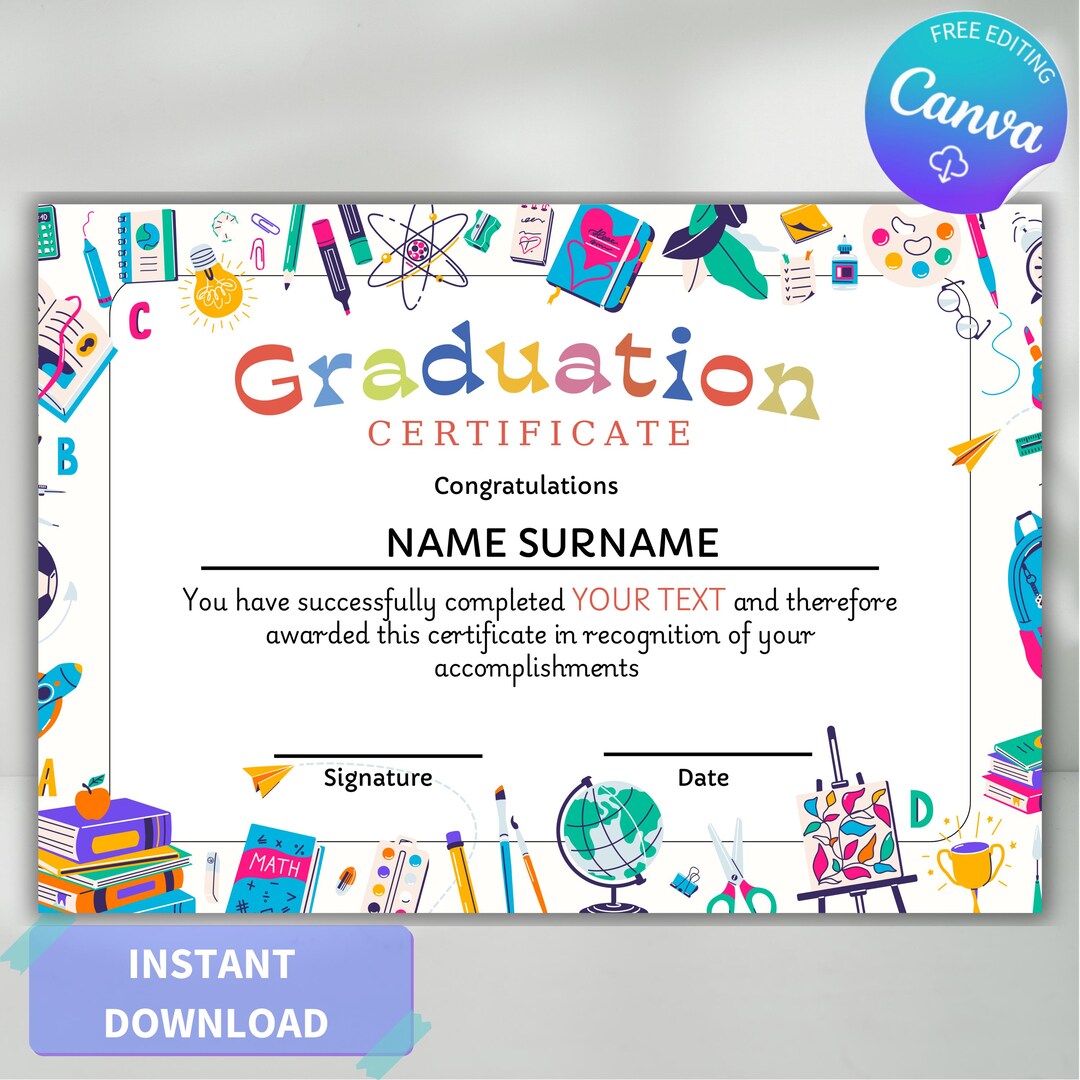 Editable Graduation Certificate, Customisable School Graduation ...