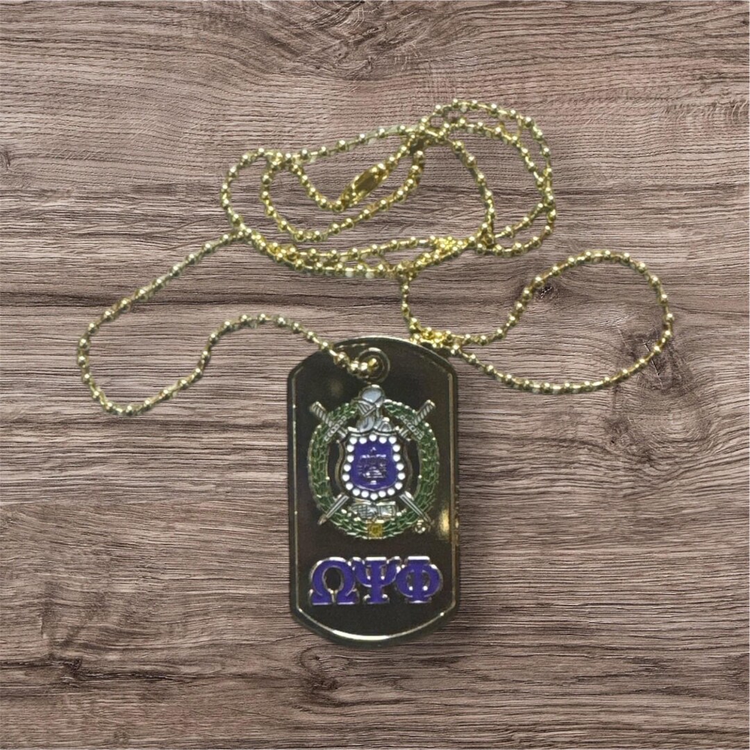 Omega Psi Phi Dog Tag Necklace – Gold Plated With Crest & Greek Letters ...