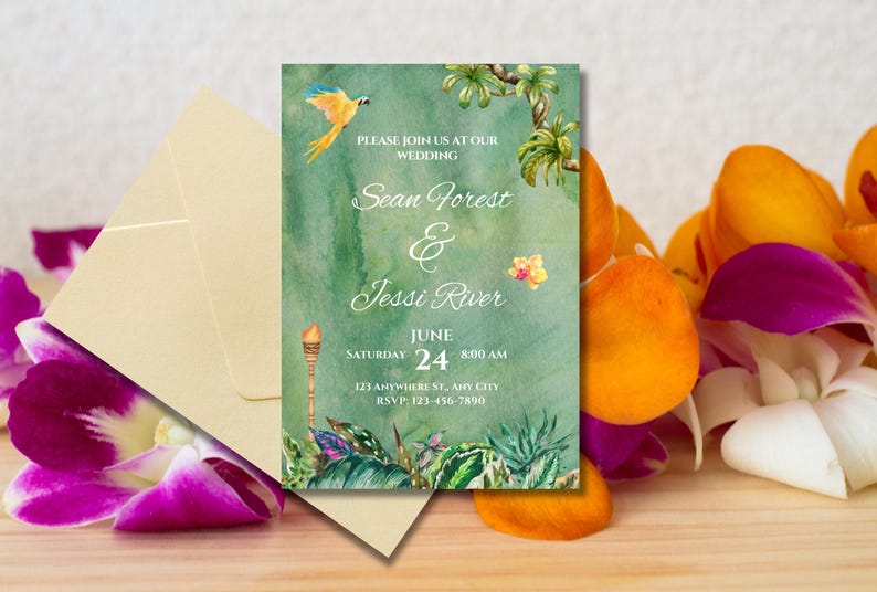 Digital Tropical Wedding Invitation, Canva Editable Tropical Wedding ...