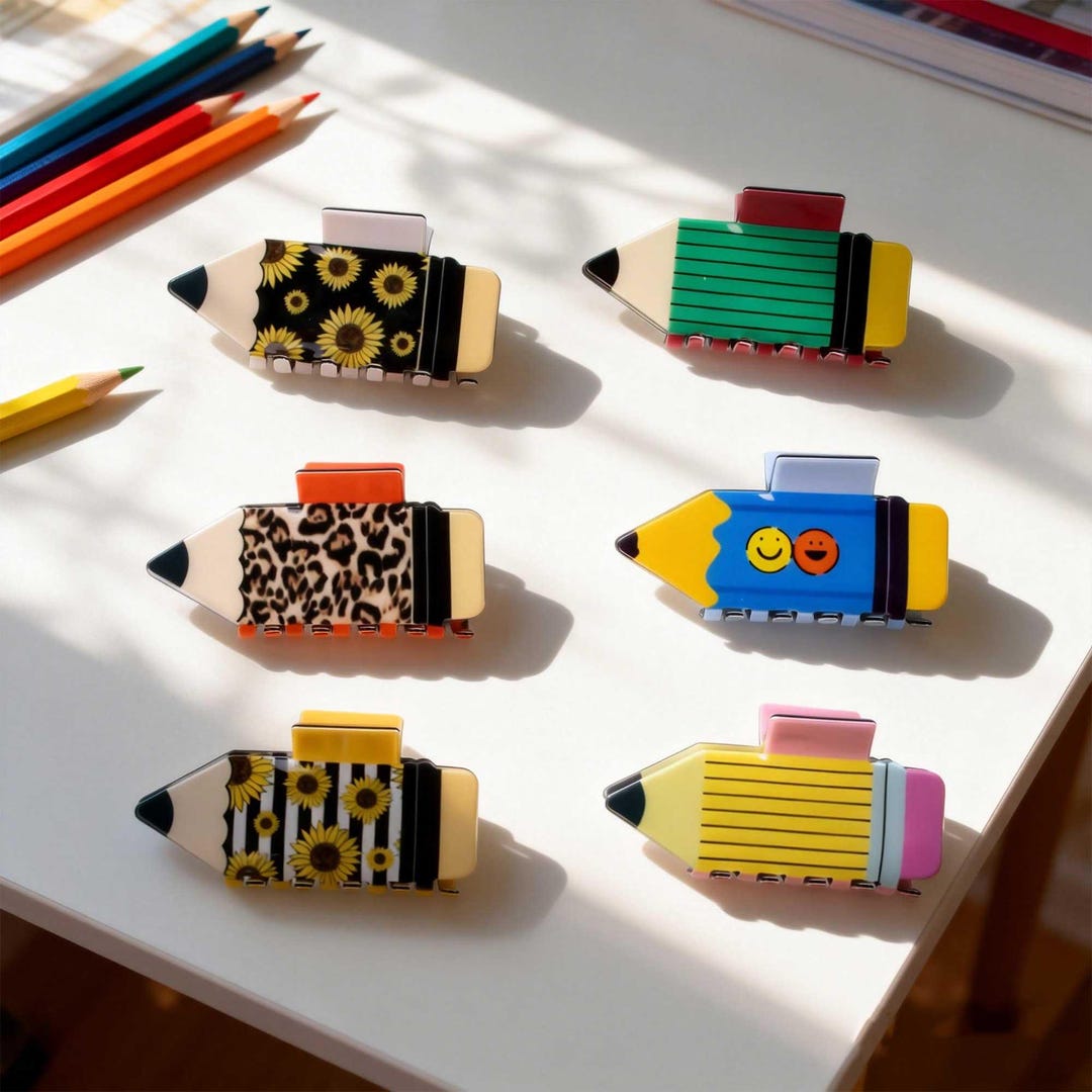 Leopard Print Pencil Hair Claw, Smiley Face Pencil Hair Clip, Writing ...