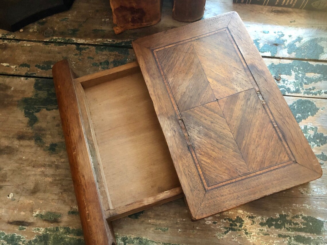 Antique Wooden Book Secret Box Inlaid Patterns Age Worn - Etsy