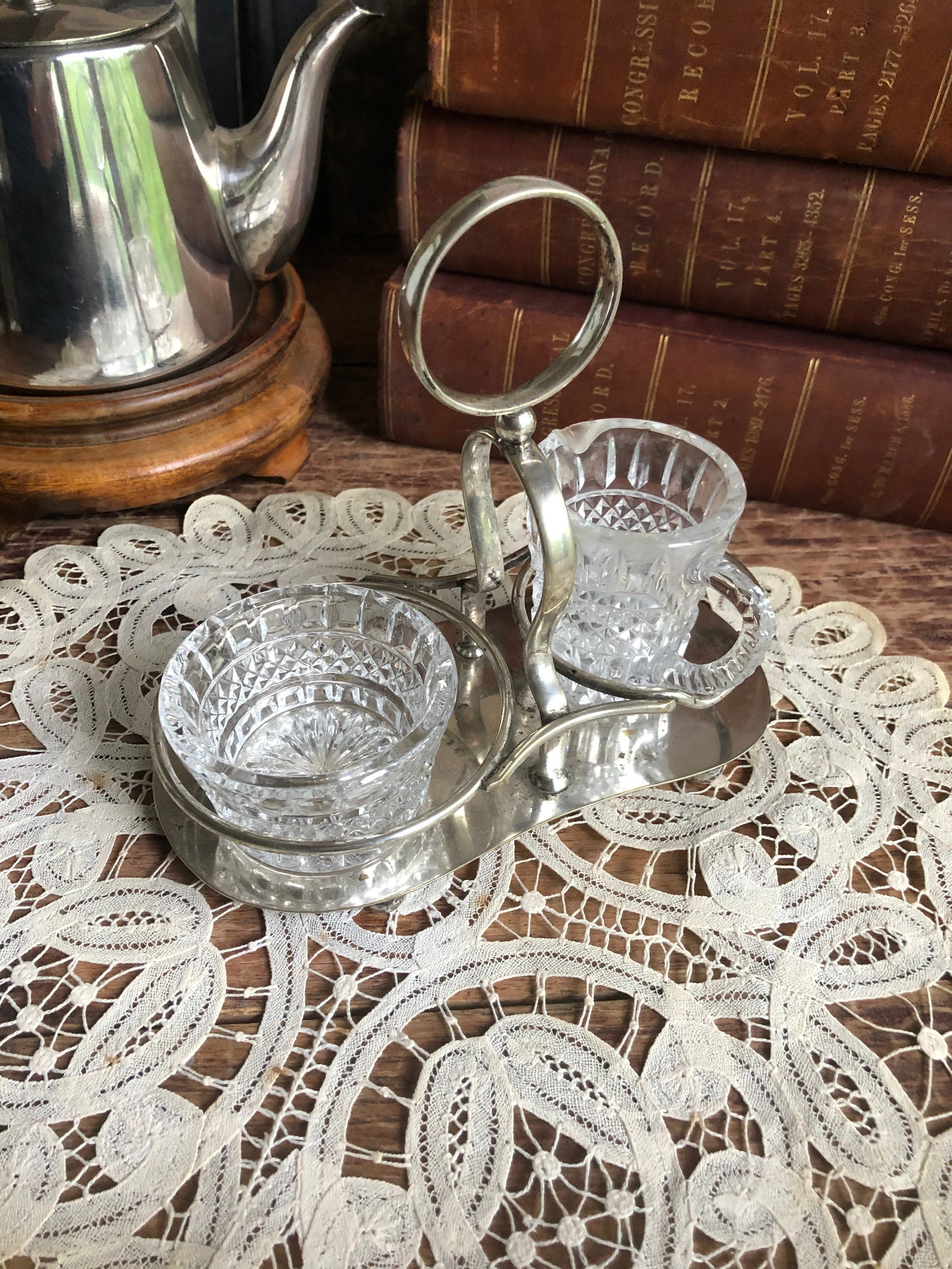 1900 Silver Condiment Caddy. Sheffield England, Silver Holder and Tongs ...