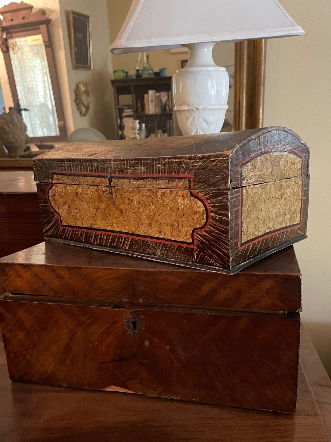 Faux Grain Painted Domed Box , Antique Desk Top, Wooden Hand Crafted ...