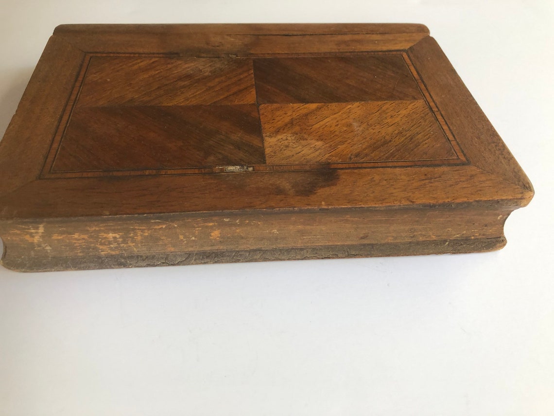 Antique Wooden Book Secret Box Inlaid Patterns Age Worn - Etsy