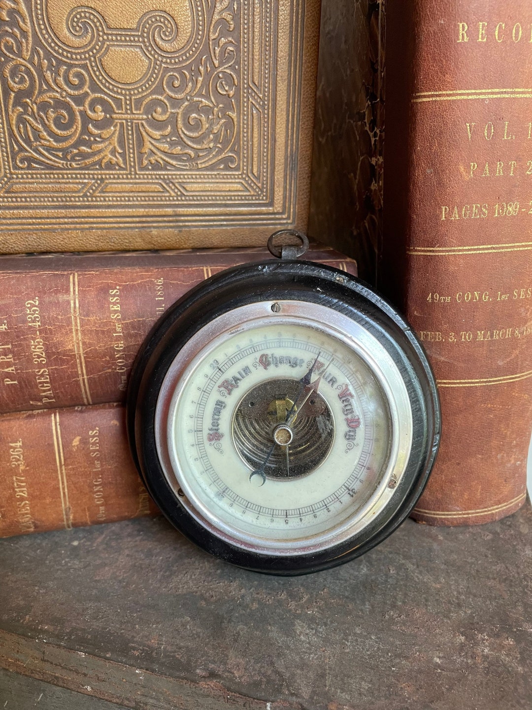 Classic English Wall Barometer, Porcelain Face, Brass Workings Visible ...