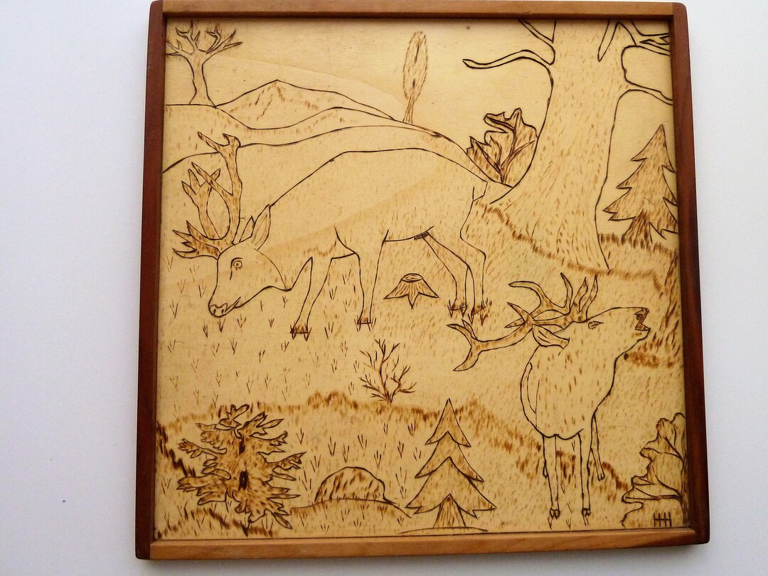 Woodland Scene, Primitive Abstract, Pyrography Art, Red Buck Deer ...