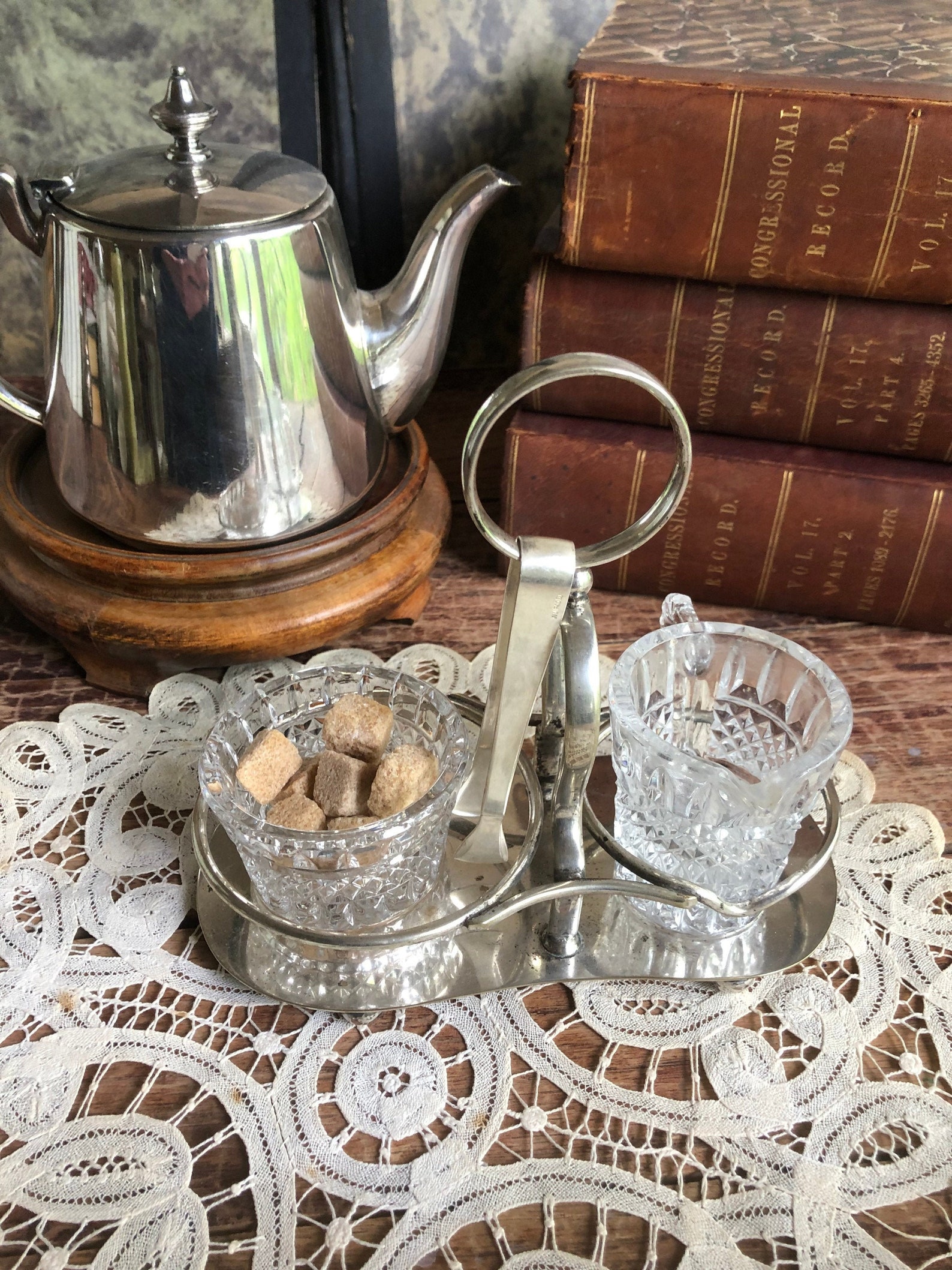 1900 Silver Condiment Caddy. Sheffield England, Silver Holder and Tongs ...