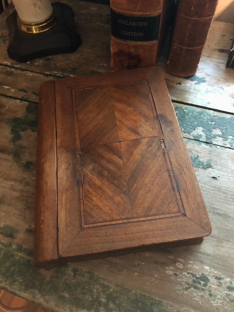Antique Wooden Book Secret Box Inlaid Patterns Age Worn - Etsy