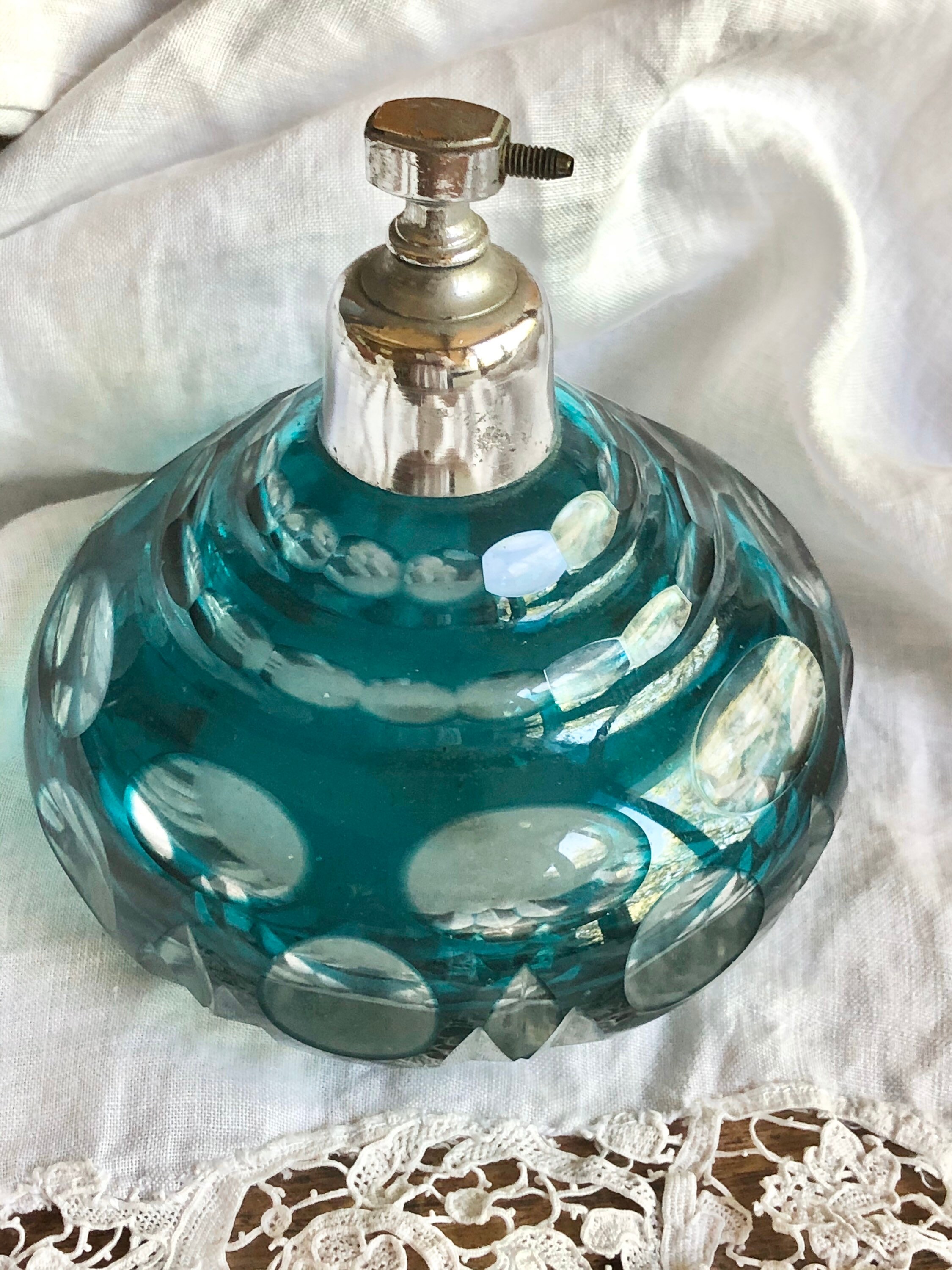 Perfume Atomizer, Matching Set, Cologne and Dish, Bohemian Glass ...