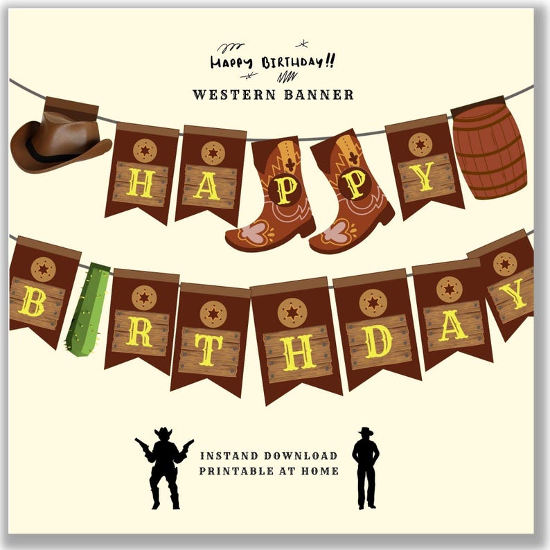 Western Birthday Banner - Printable Cowboy Party Decor, Rustic Happy Birthday Sign, Wild West ...