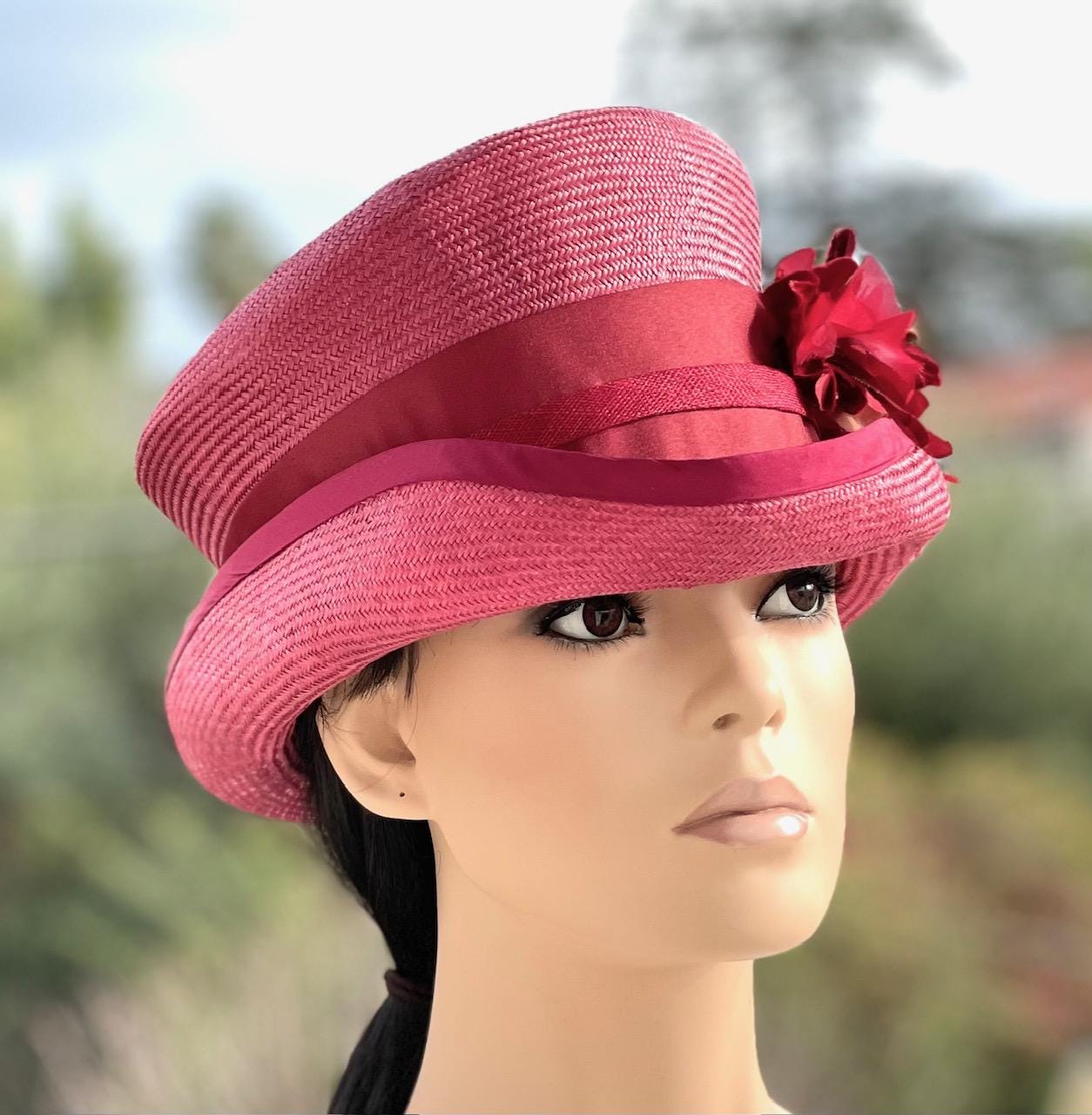 Wedding Hat, Derby Hat, Women's Red Summer Hat, Antique Rose Top Hat ...