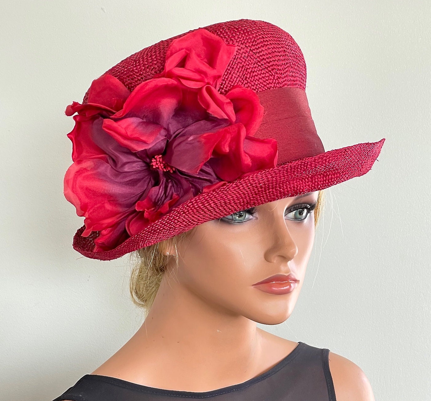 Wedding Hat, Derby Hat, Women's Red Summer Hat, Formal Red Straw Hat ...