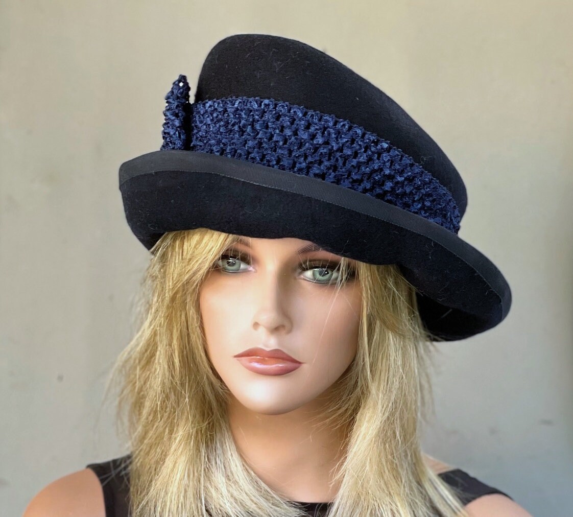 Women's Navy Mad Hatter Cloche Hat, Ladies Navy Winter Hat, Women's ...