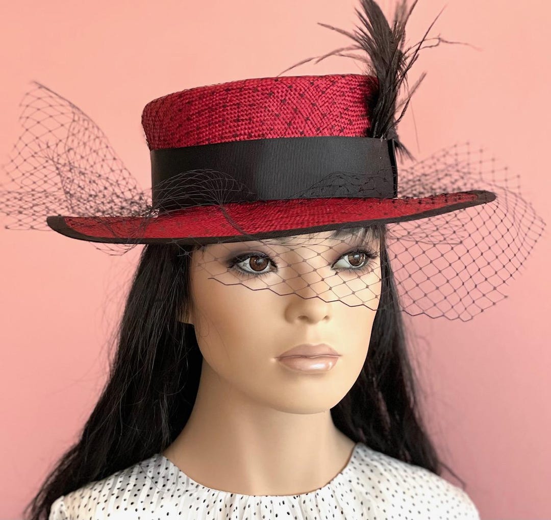 Red and Black Boater Hat, Kentucky Derby Hat, Royal Ascot Hat Women's ...