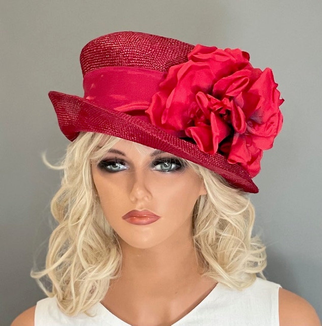 Wedding Hat, Derby Hat, Women's Red Summer Hat, Formal Red Straw Hat ...