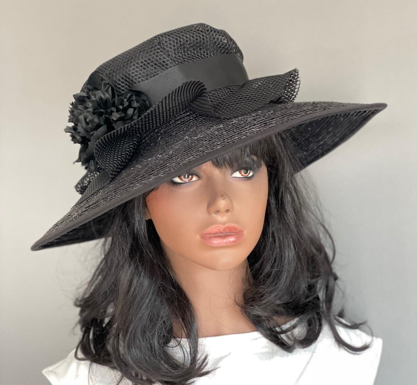 Church Hat, Wedding Guest Hat, Funeral Hat, Black Wide Brim Formal Hat ...