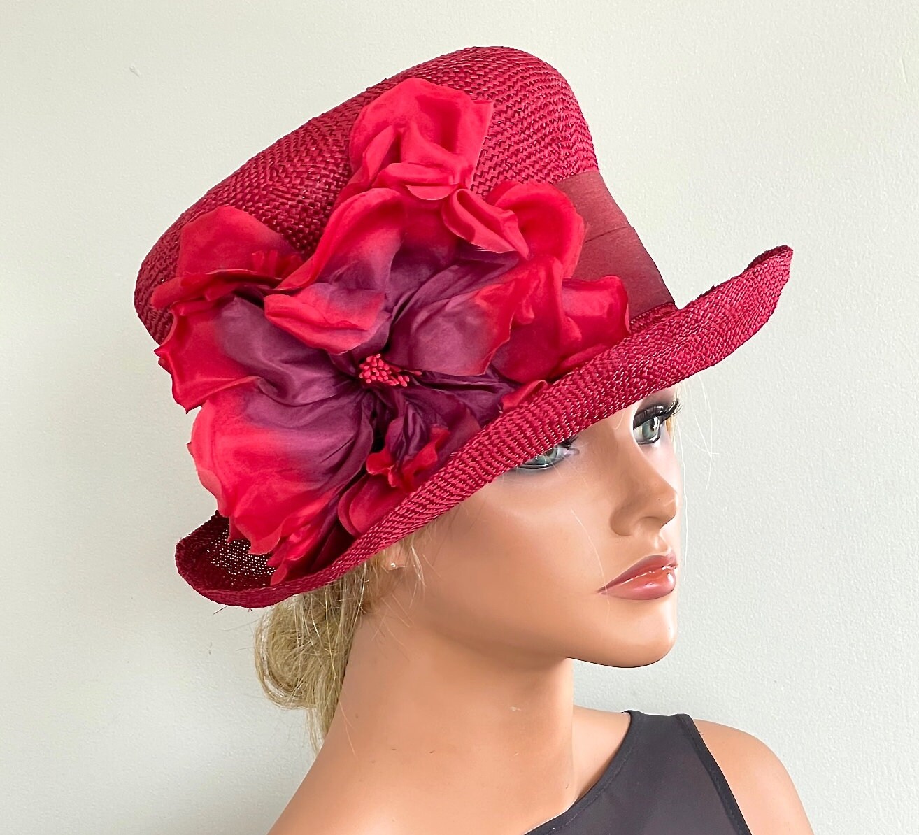 Wedding Hat, Derby Hat, Women's Red Summer Hat, Formal Red Straw Hat ...