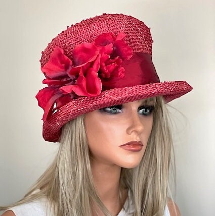 Wedding Hat, Derby Hat, Women's Red Summer Hat, Formal Red Straw Hat ...