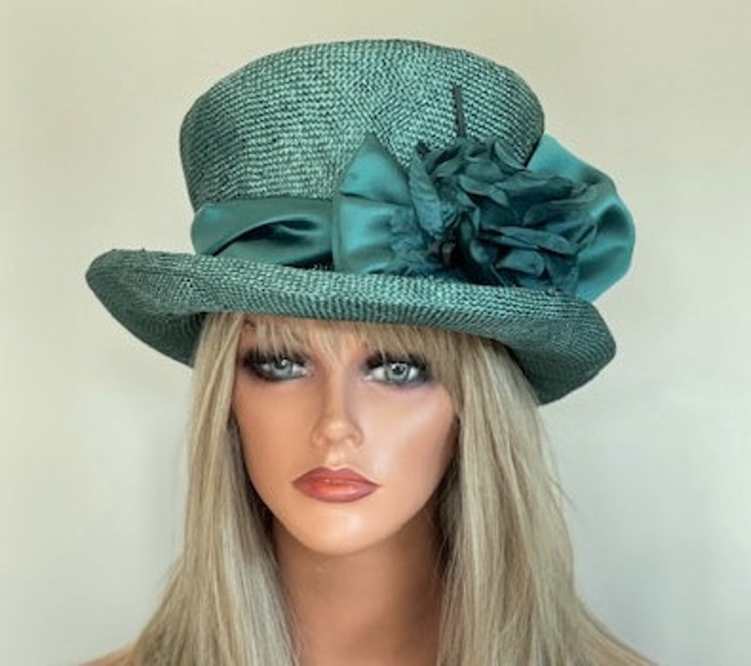 Women's Green Formal Straw Hat, Wedding Guest Hat, Church Hat, Women's Teal Hat, Original One-of ...
