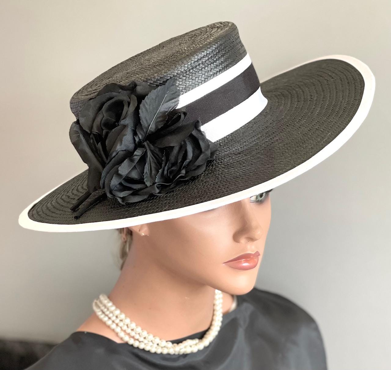 Women's Formal Black & White Boater Hat, Kentucky Derby Hat Wedding ...